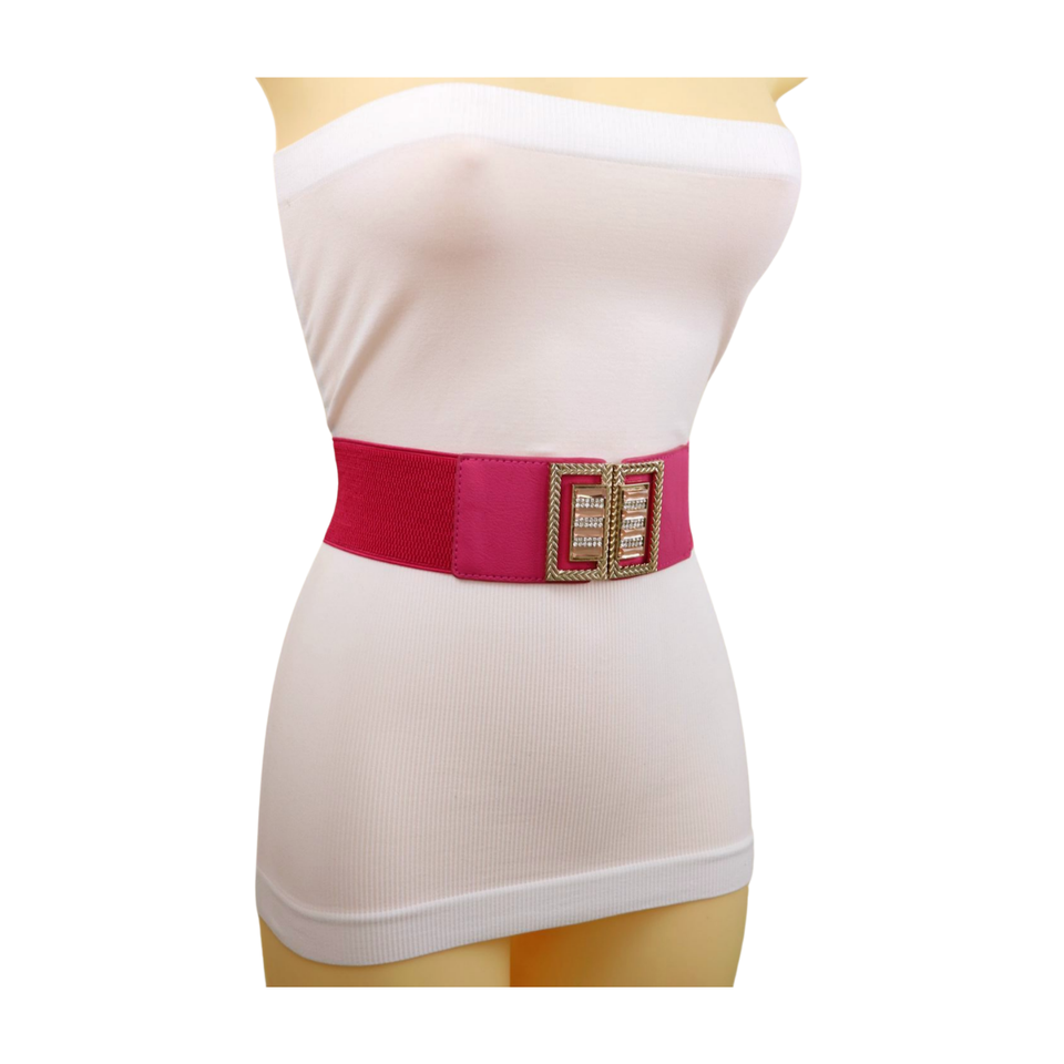 Women Pink Elastic Fashion Belt Gold Bling Square Buckle S M | eBay