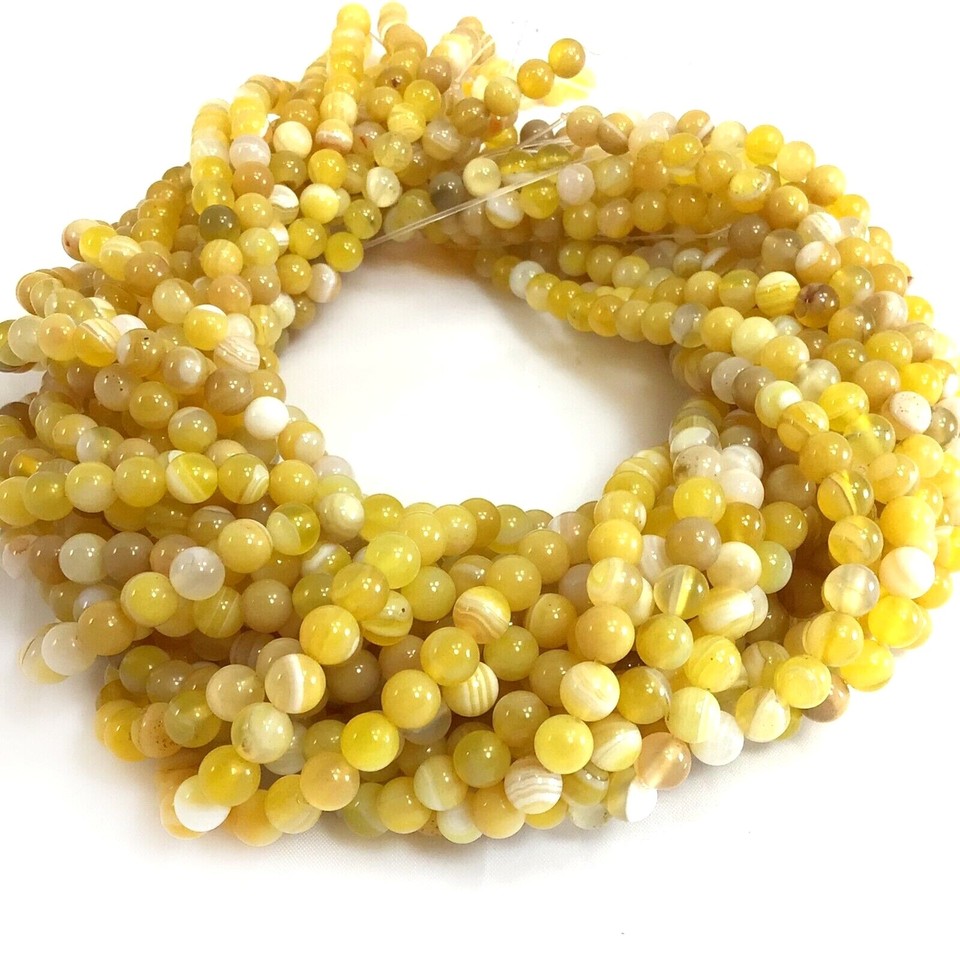 Natural Gold Yellow Stripe Agate Round Bead 15" Jewelry Making Gemstone ...
