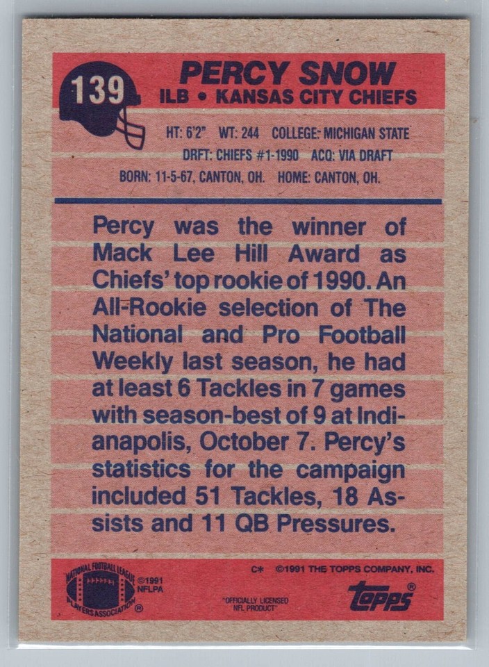 1991 TOPPS CARD # 139 Percy Snow - Kansas City Chiefs | eBay