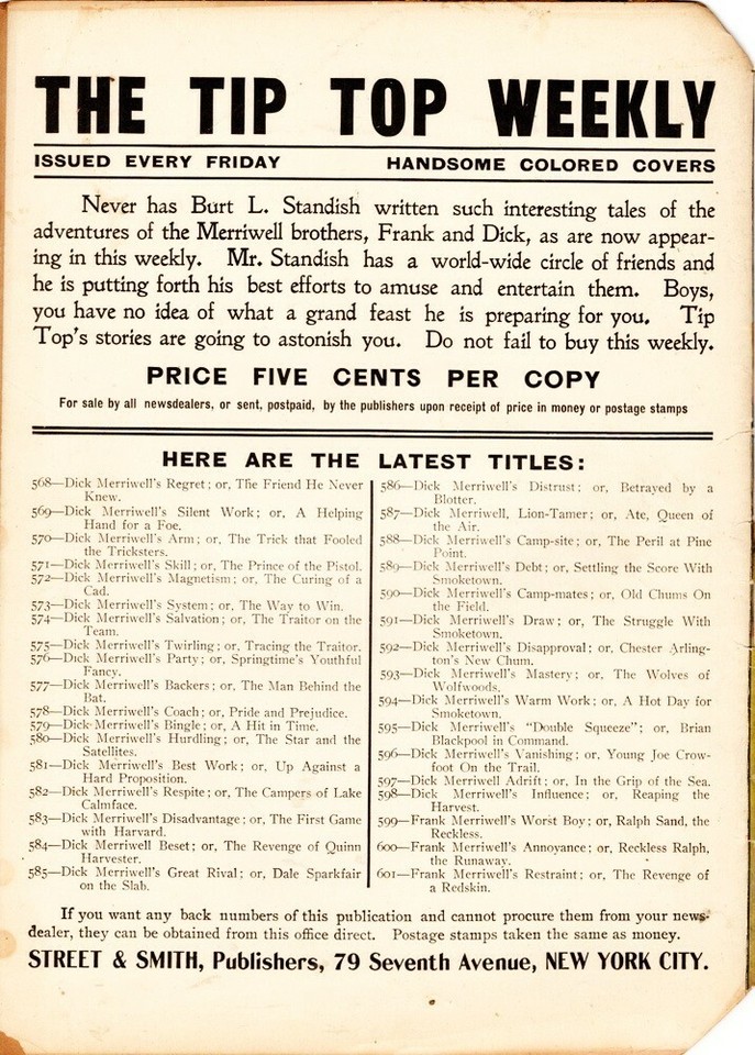 Tip Top Weekly No. 600, Frank Merriwell's Annoyance, October 12, 1907 ...