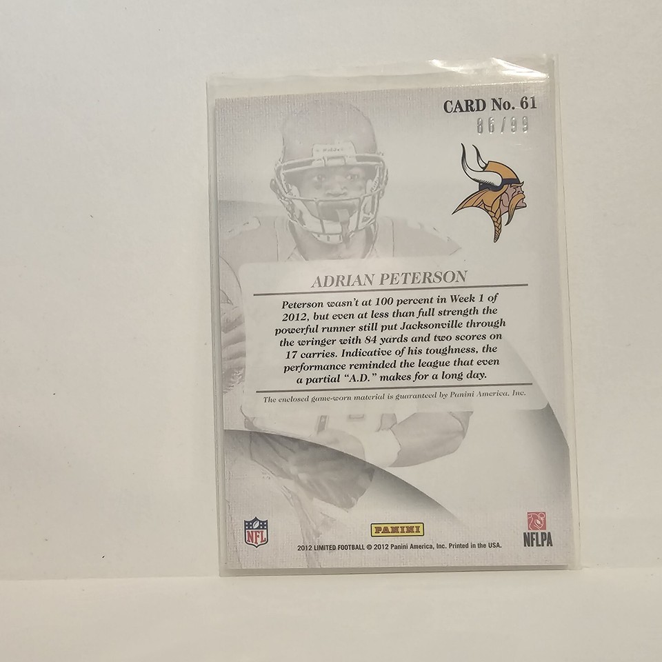 2012 Panini Limited Football Adrian Peterson Threads Patch #/99 GU ...
