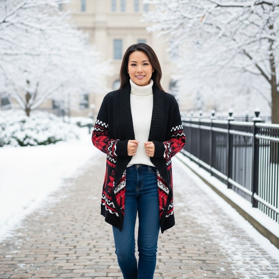 LAUREN Ralph Lauren NWT Black Red & White Christmas Shaw Collar Sweater ...