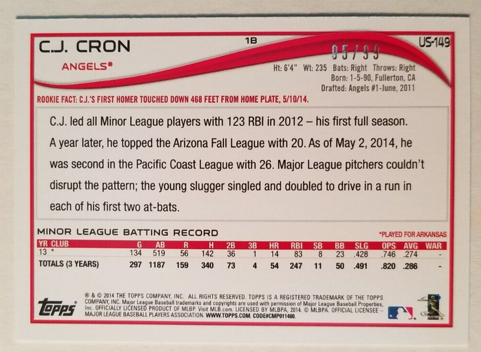 C.J. Cron RC 2014 Topps Update Camo 95/99 Angels #US-149 Rockies A1 | eBay