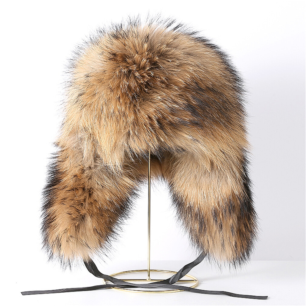 100% Real Raccoon Fur Hat Thicken Winter Warm Ushanka Ear Warm Outdoor ...