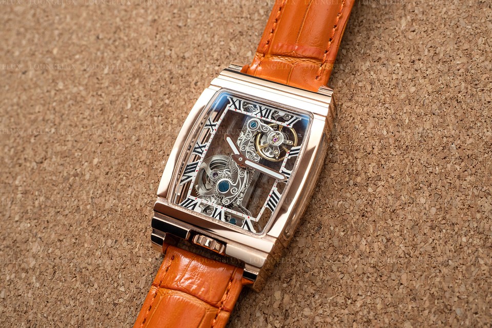 Mens Rose Gold Bridge Manual Mechanical Watch - Orange Leather ...