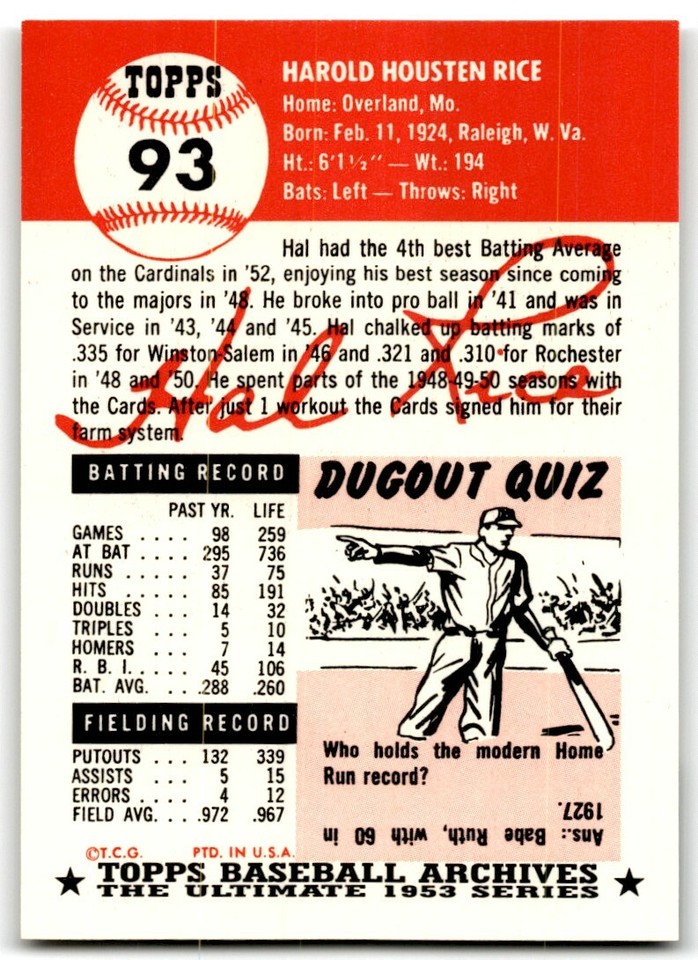 1991 TOPPS ARCHIVES 1953 HAL RICE ST. LOUIS CARDINALS #93 | eBay