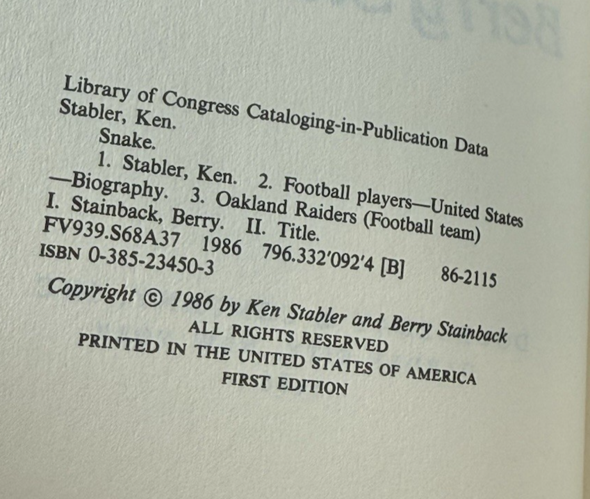 Snake by Ken Stabler and Barry Stainback - 1986 HCDJ First Edition, NFL ...