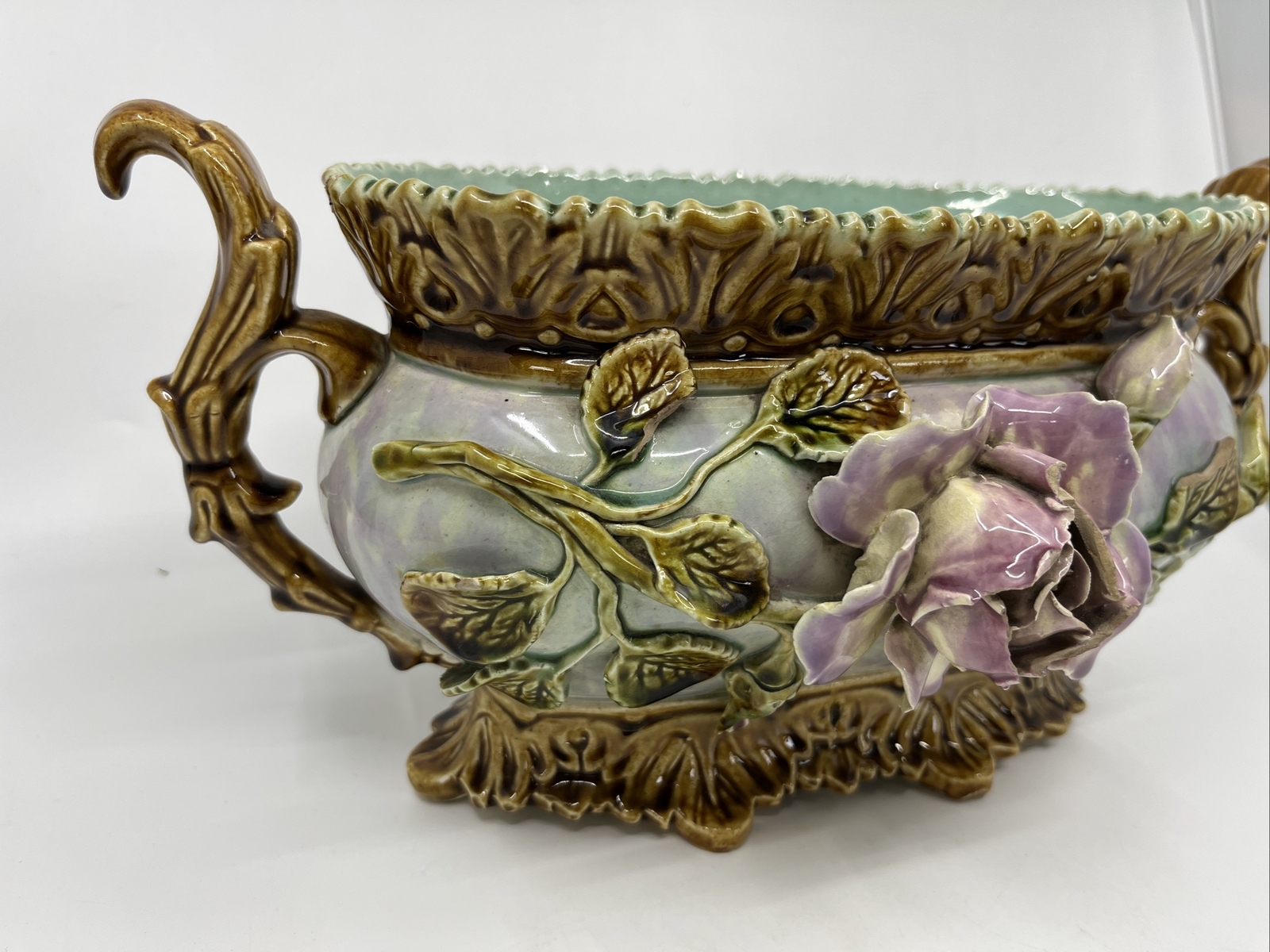Antique French Majolica Barbotine 12” Jardiniere Planter Roses Leaves ...