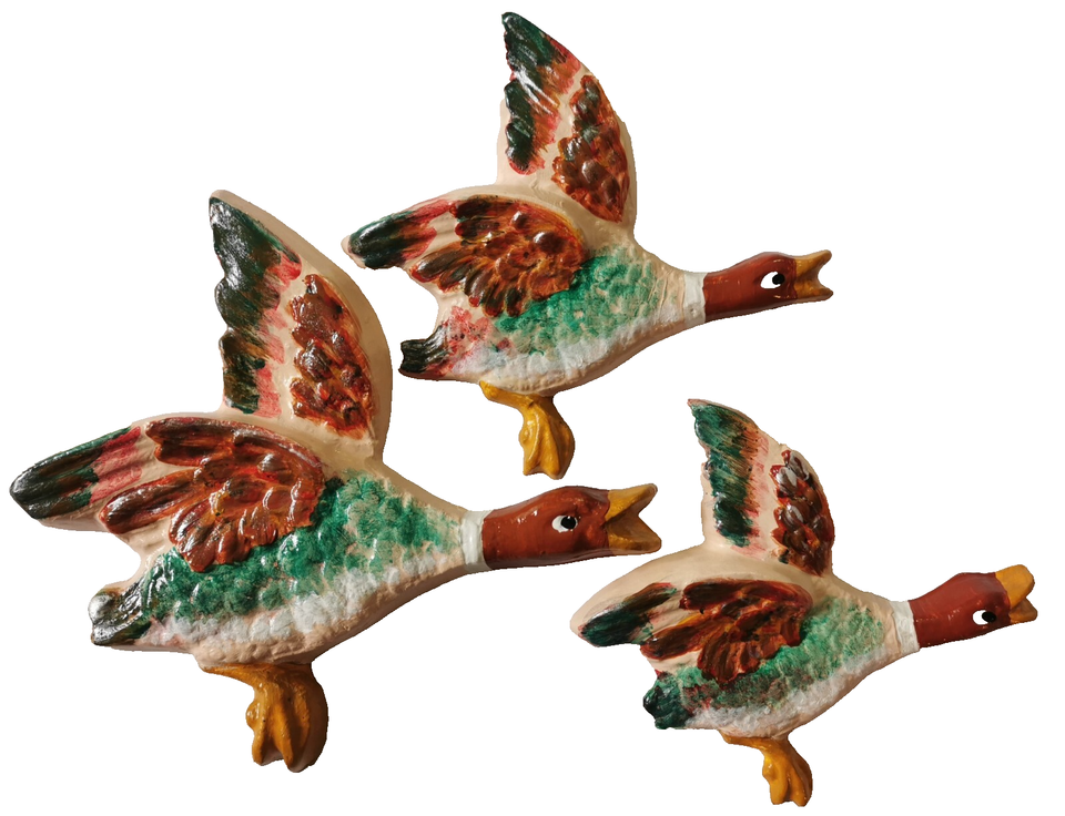 Flying ducks plaster wall hanging plaques handmade in UK kitsch birds ...