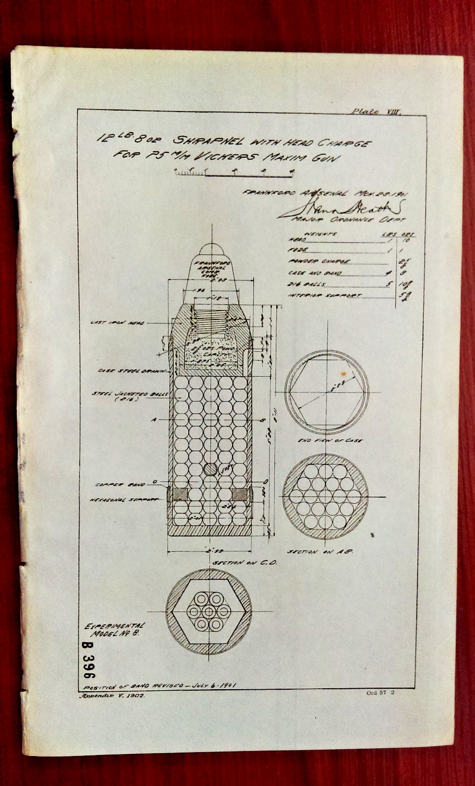 1902 Sketch 12lb Shrapnel w/ Head Charge for P5 m/m Vickers Maxim Gun ...