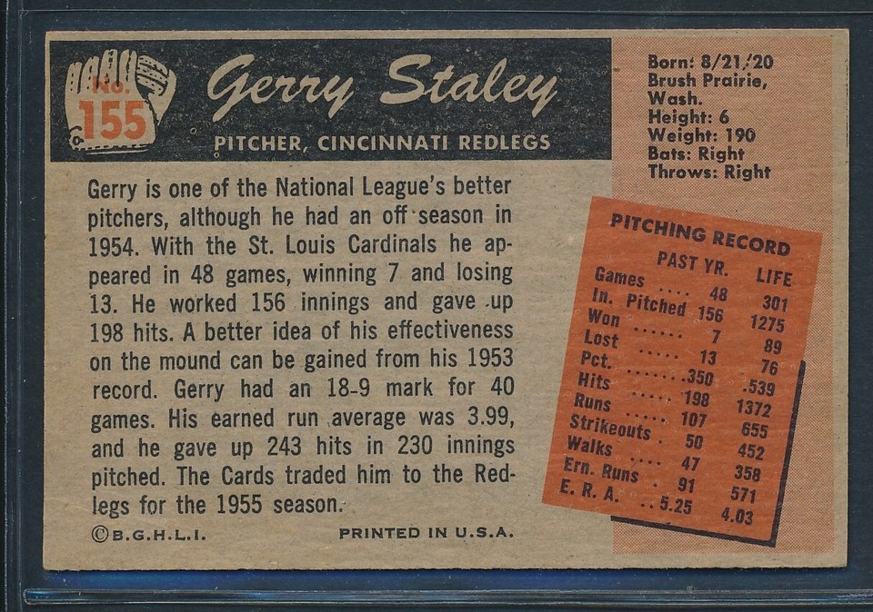 1955 Bowman Set-Break #155: GERRY STALEY "Cincinnati Reds" ~ VG-EX to ...