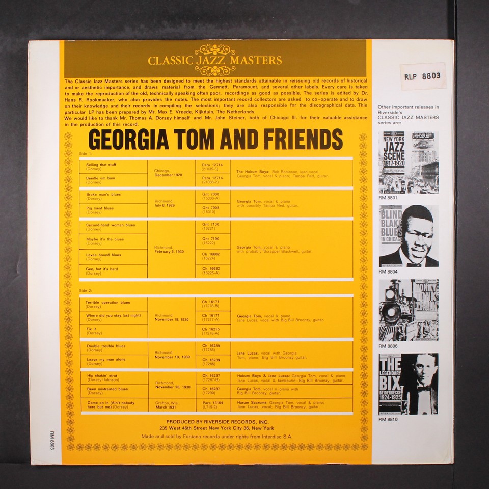 GEORGIA TOM: georgia tom & friends RIVERSIDE 12" LP 33 RPM | eBay