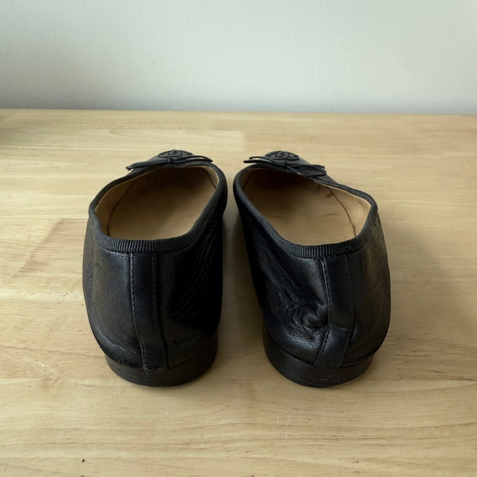 Chanel Black Ballet Ballerina Leather Cap Toe Flats Women's EU 38.5 | eBay
