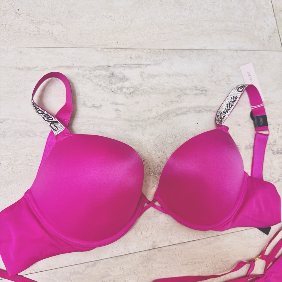 Victoria's Secret Bombshell +2 cup lace Push Up Bra Set shine hot pink ...