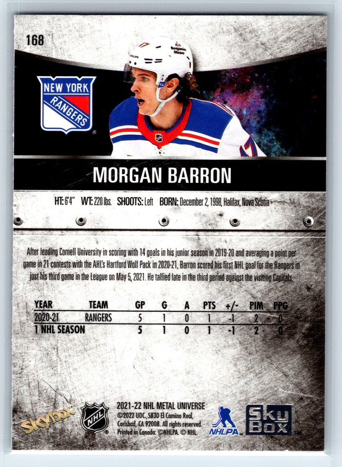 Morgan Barron 2021-22 SkyBox Metal Universe RC New York Rangers #168 | eBay