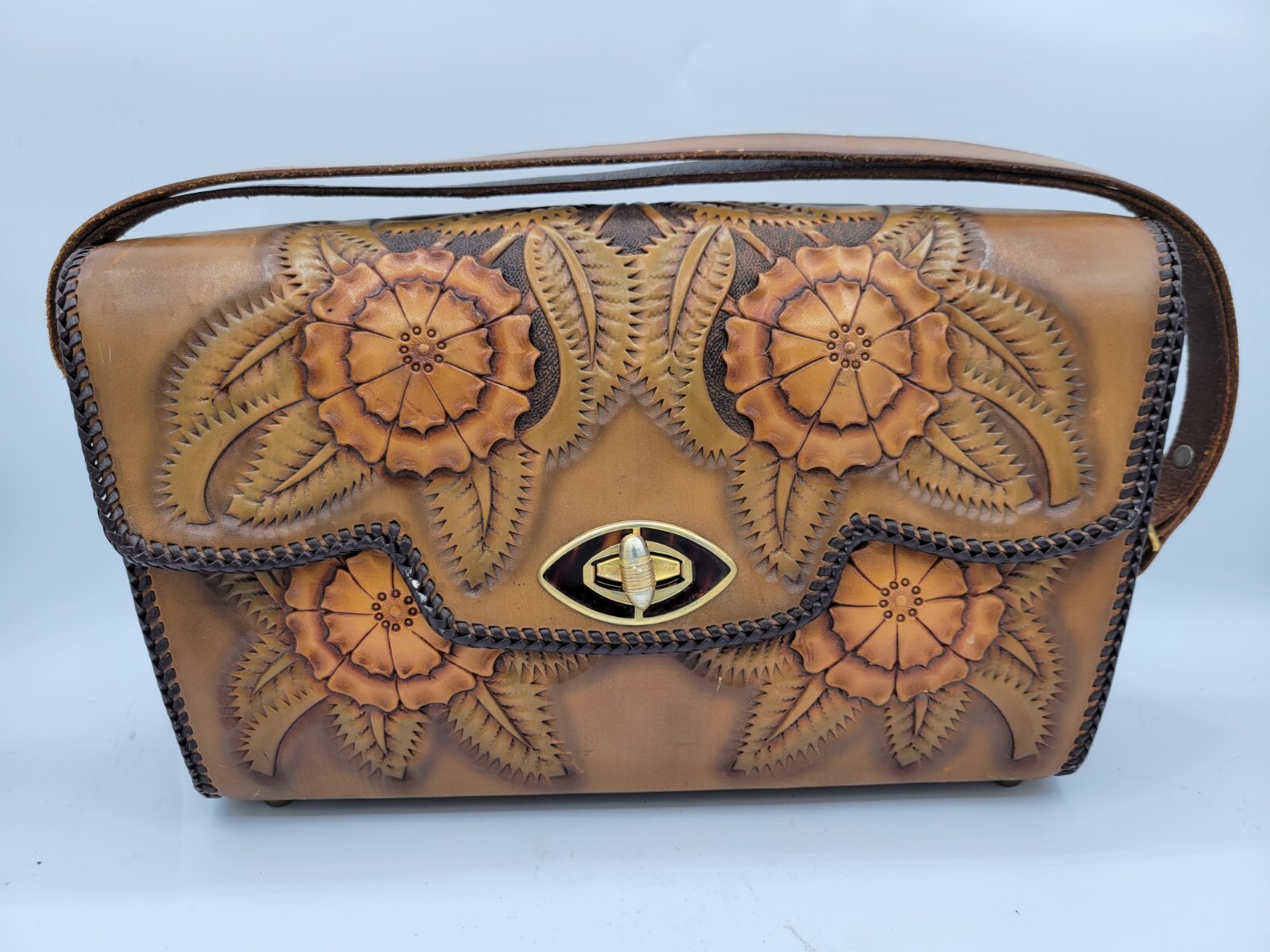 1970 Leather Hand Tooled Floral Pattern Brown Large H… - Gem
