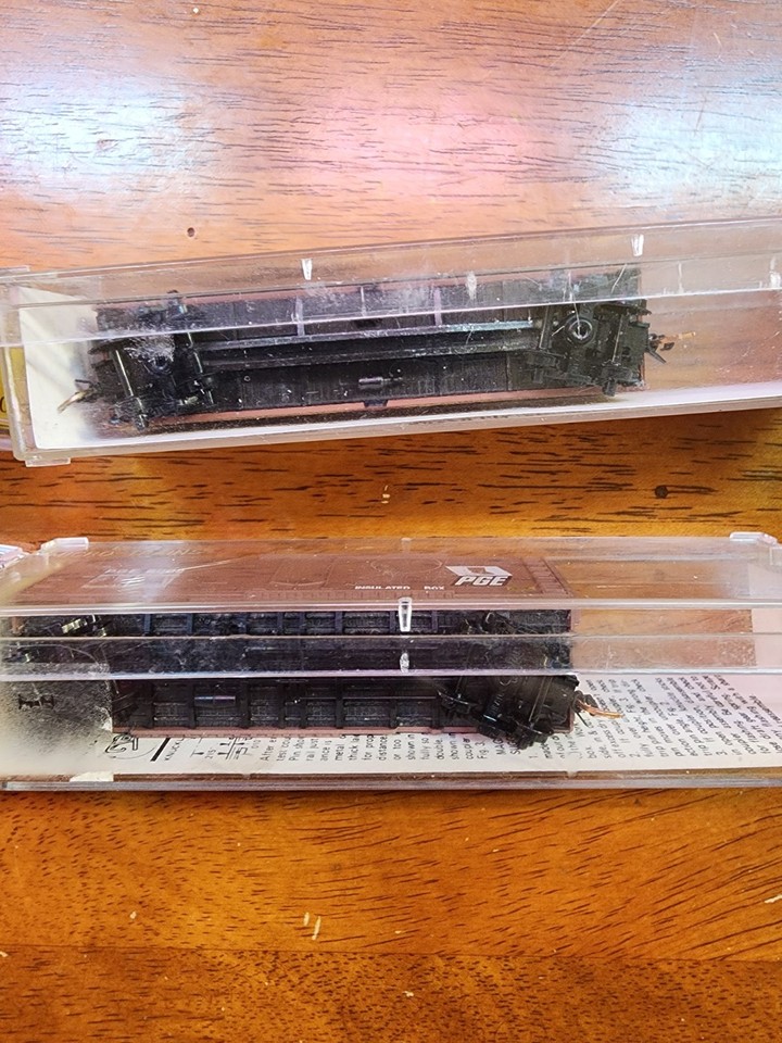 four N Scale box cars. two PGE Box Cars, railway express car, Colorado ...