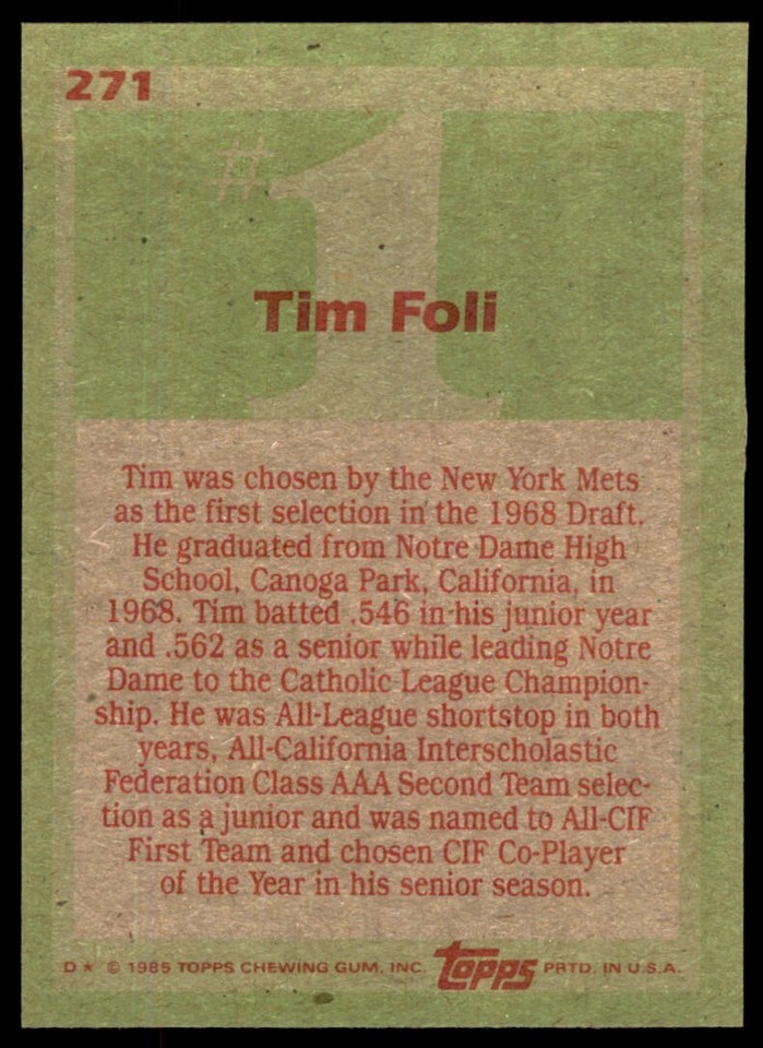 1985 Topps Tim Foli 1968 Draft Pick New York Mets #271 | eBay