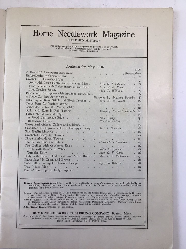 Original Home Needlework Magazine May 1916 Embroidery Crochet Tatting ...