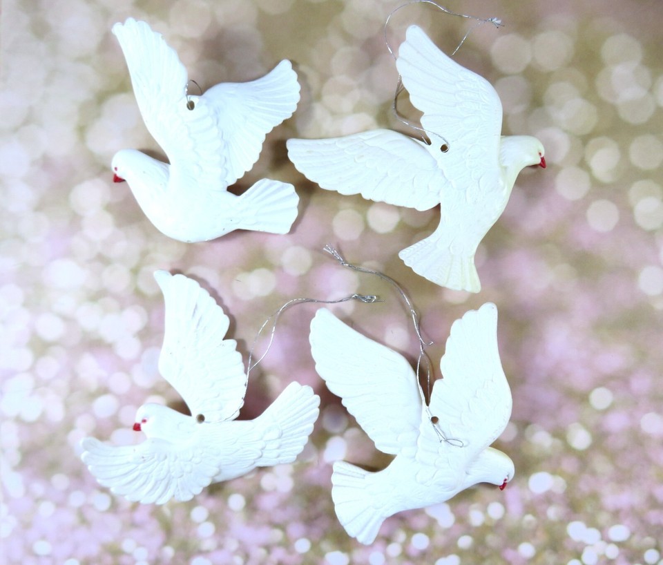 Vintage White Turtle Doves Christmas Ornaments Set Of 4 Plastic Hanging ...