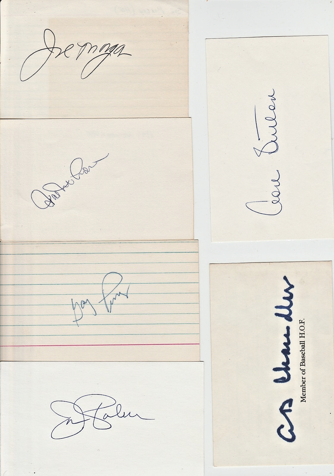 6 Baseball Stars Signed Index Card Morgan-Palmer-Sutton-Perry-Chandler ...