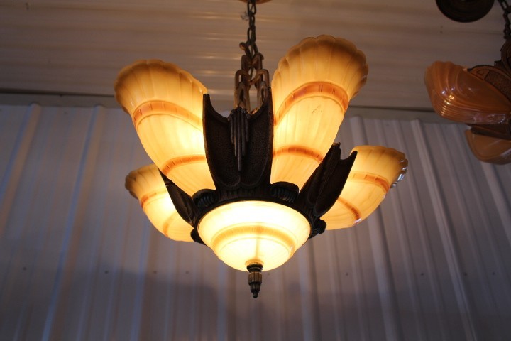 Antique Art Deco Slip Shade Light Fixture Chandelier Markel 6 Shades | eBay