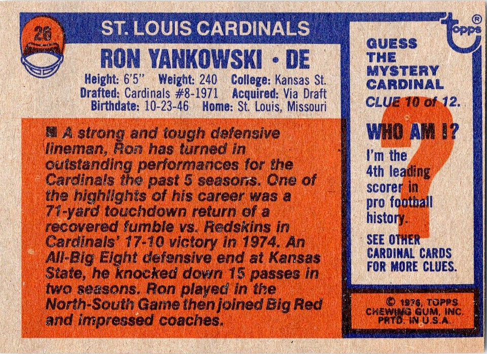 1976 Topps #26 Ron Yankowski St. Louis Cardinals Football Card | eBay