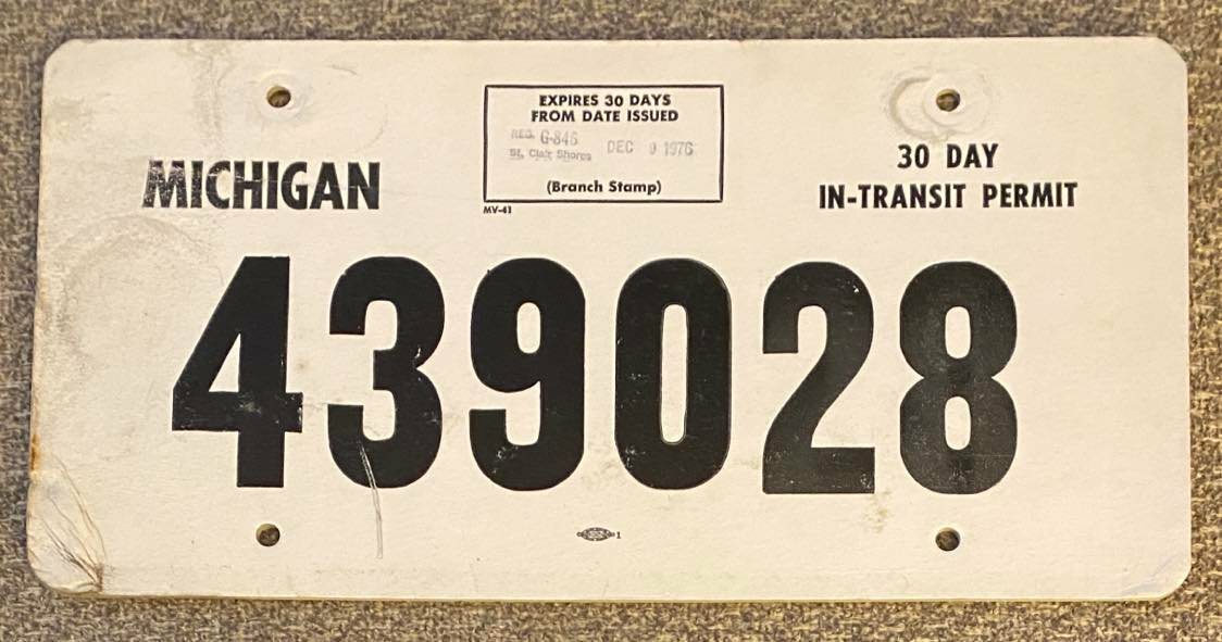 Michigan 1976 THIRTY DAY IN-TRANSIT PERMIT CARDBOARD License Plate ...