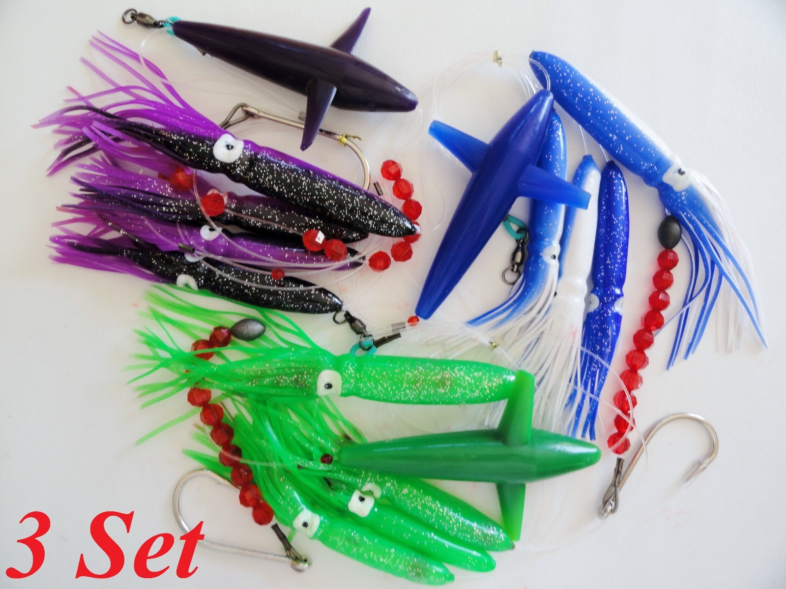 Set of 3 DAISY CHAIN BAIT RIG BULB SQUID & BIRD TUNA MARLIN TROLLING ...