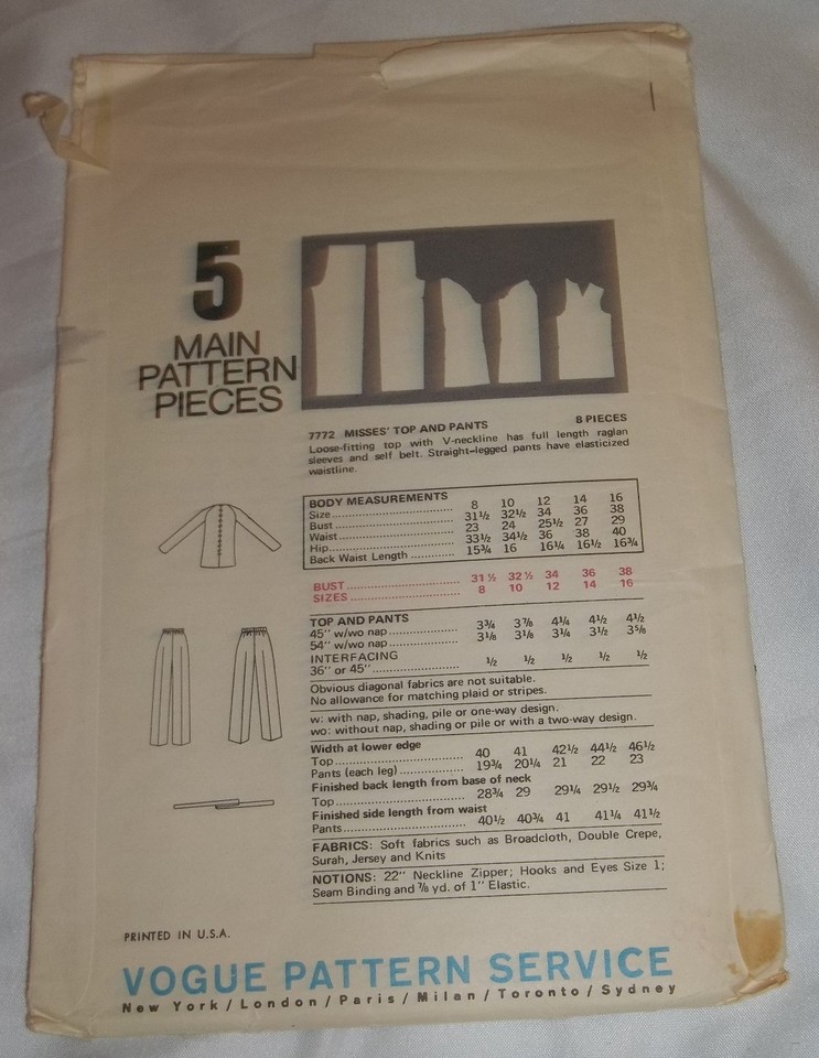 Vogue Vtg 7772 Sewing Pattern Easy Uncut Blouse Wide Leg Pants Retro ...