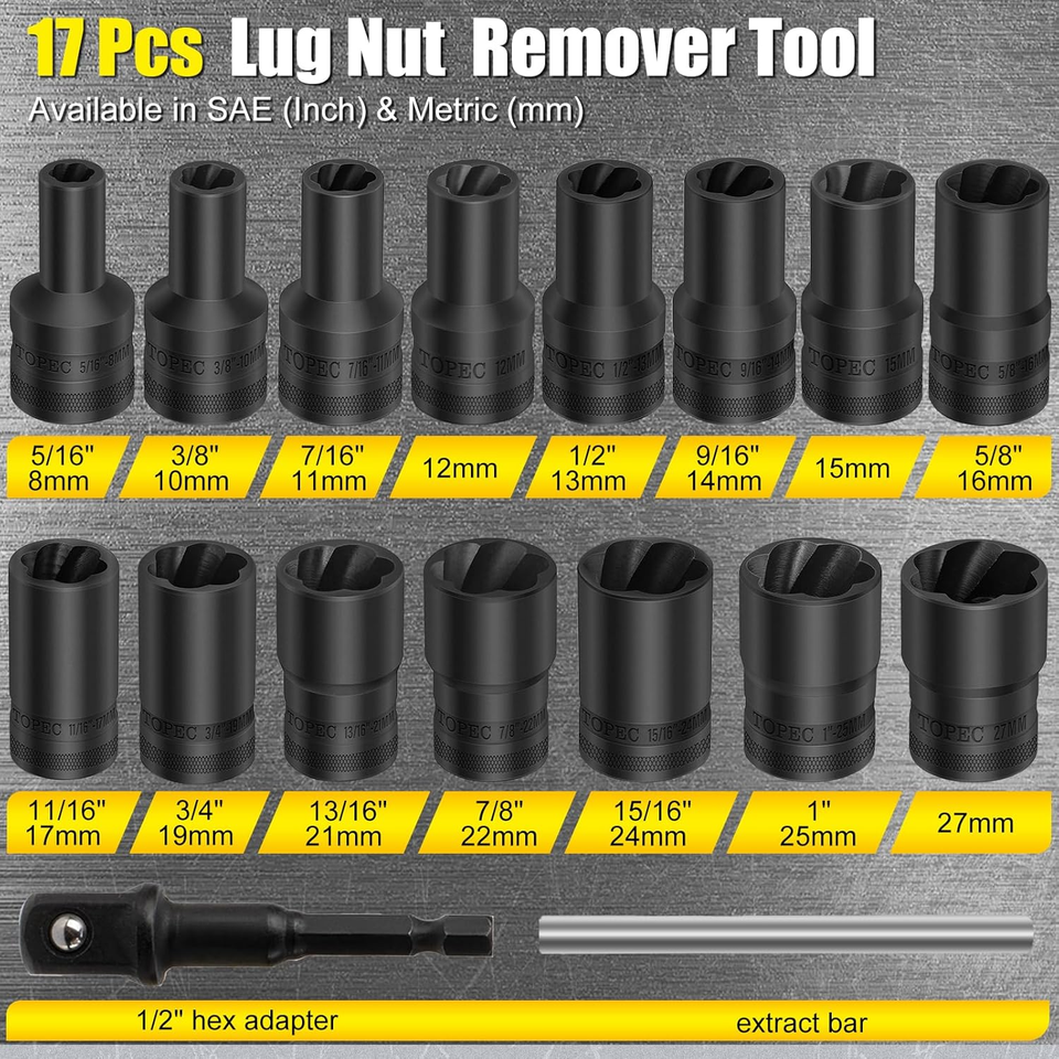 17PCS Lug Nut Extractor Set, 1/2" Drive Stripped Lug Nut Remover ...