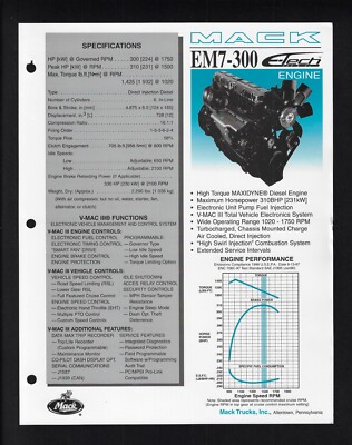 MACK TRUCKS EM7-300 ETECH ENGINE SPECIFICATIONS BROCHURE 1998 | eBay ...