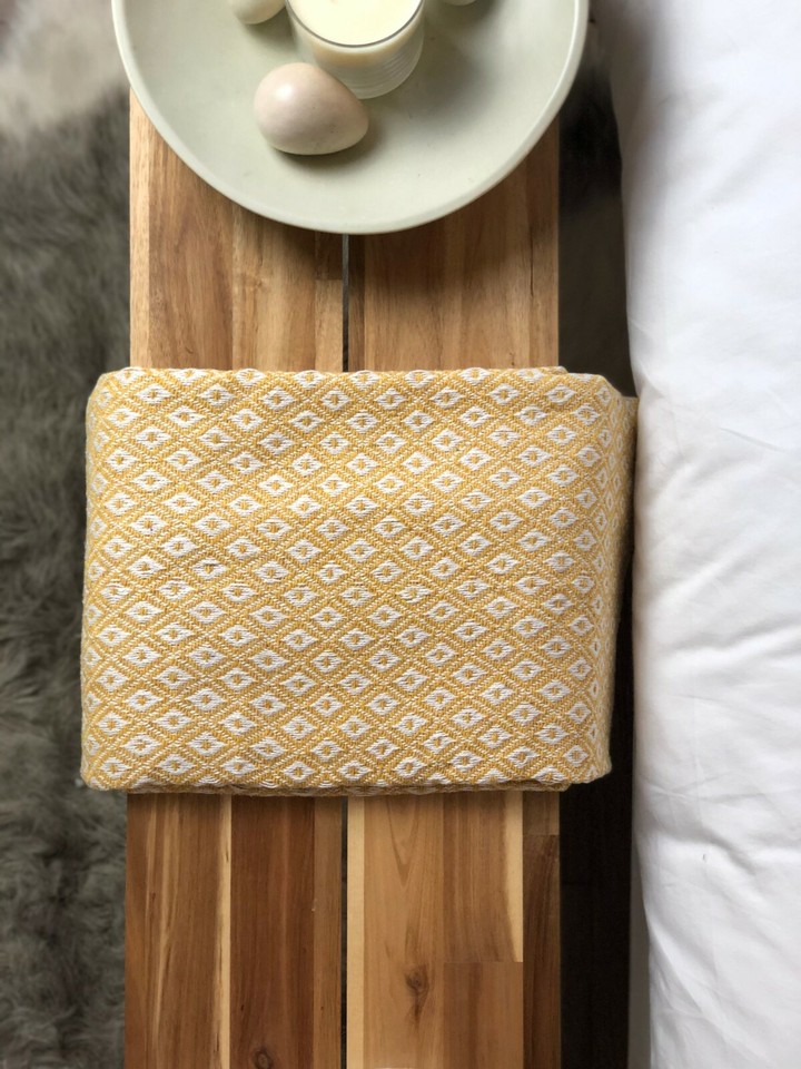 Luxury 100% Cotton Ochre Mustard Yellow Abstract Check Bed Sofa Blanket ...