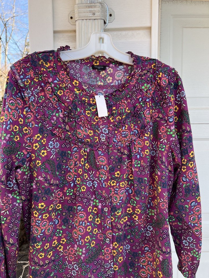 NWT Talbots Pretty Purple Multicolor Floral Ruffle Neck Long Sleeve ...
