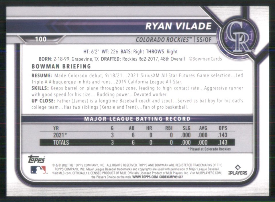 2022 Bowman #100 Ryan Vilade Colorado Rockies 2771 | eBay UK