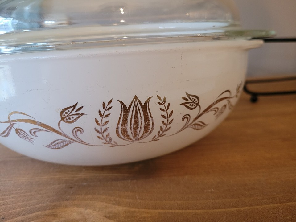 Vtg Pyrex Promotional Golden Tulip Casserole w Lid Dish & Stand. See ...