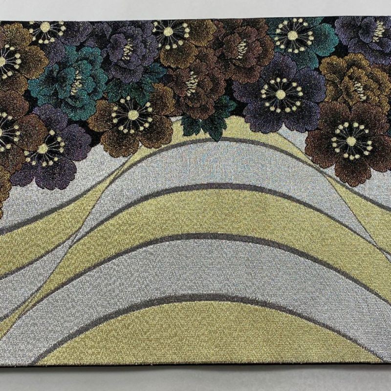Japanese Silk Fukuro obi Grass and flowers Geometry Foil Gin Iro ...