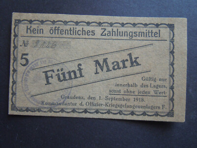 Germany WWI POW Camp 5 FUNF MARK 1918 UNC AU CAMP Offizierlager ...