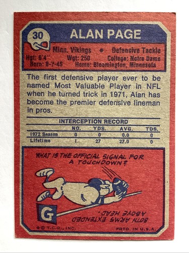 1973 Topps ALAN PAGE Card No. 30 Minnesota Vikings VG | eBay