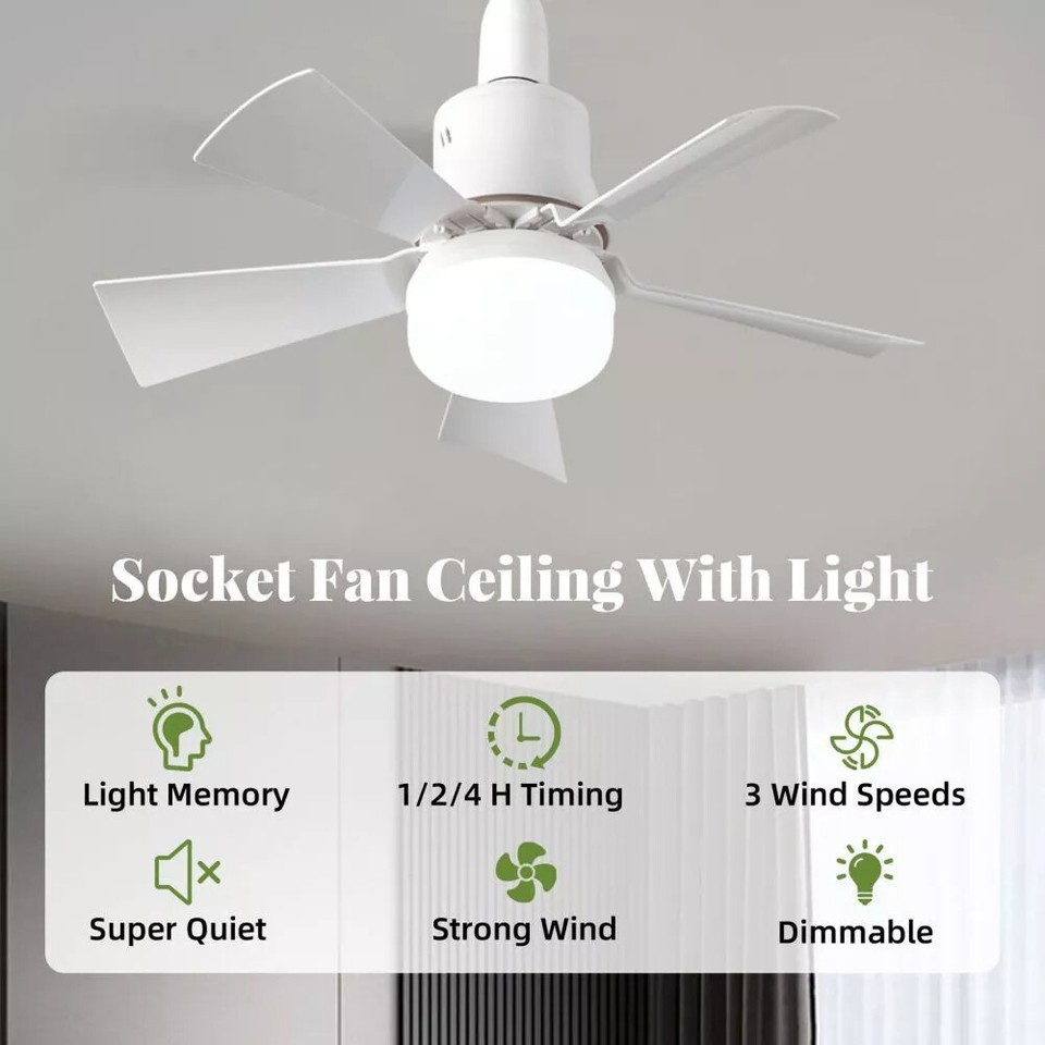 Socket Fan Light with Remote Ceiling Fans with Lights Dimmable Bedroom ...