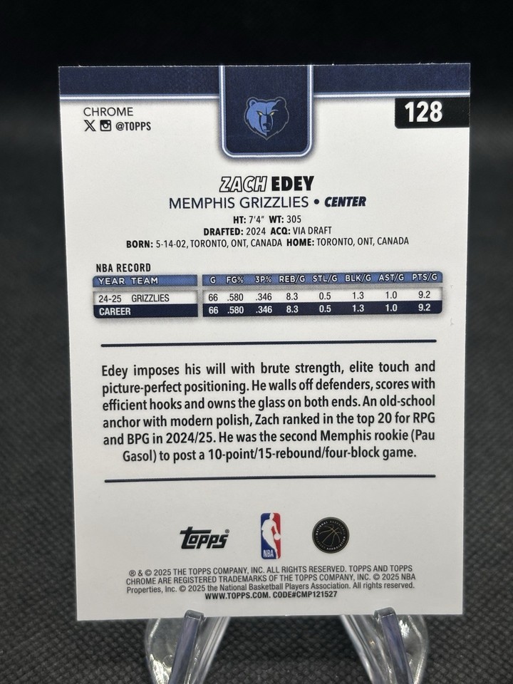 2025-26 Topps Chrome Basketball Zach Edey X-Fractor #128 All-Rookie ...