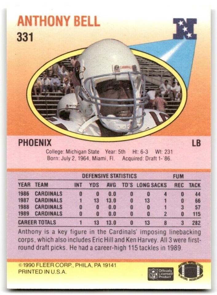 1990 Fleer Anthony Bell Phoenix Cardinals #331 | eBay