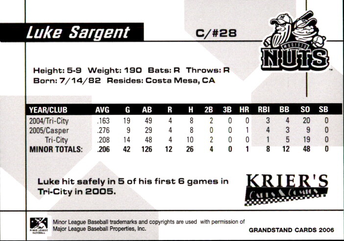 2006 Modesto Nuts Grandstand #7 Luke Sargent Costa Mesa California ...