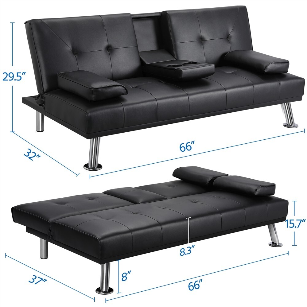 Modern Faux Leather Futon Sofa Bed Fold Up & Down Recliner Couch W/ Cup ...