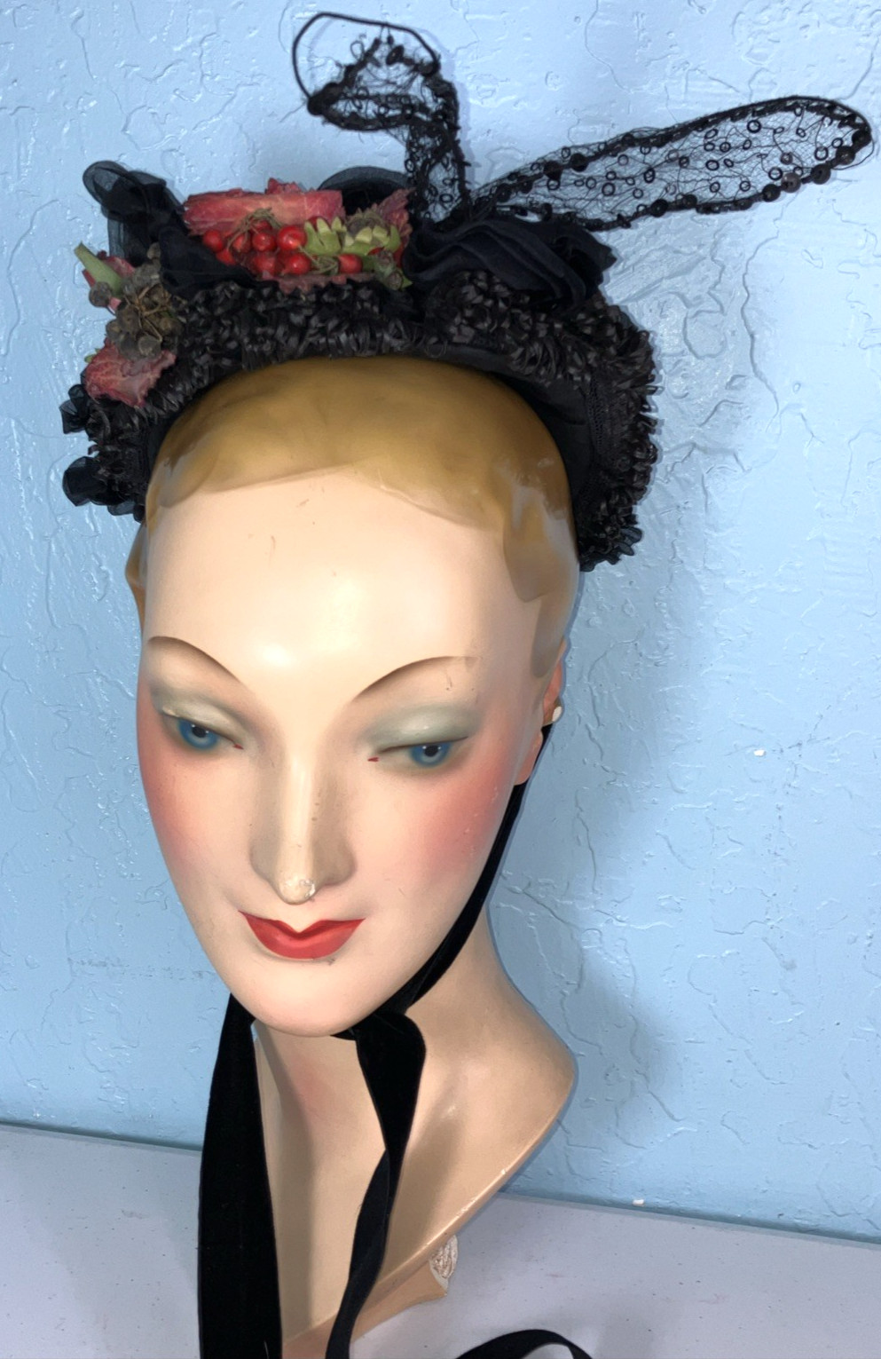 Antique 1880s Straw & Silk fancy half bonnet lace ber… - Gem