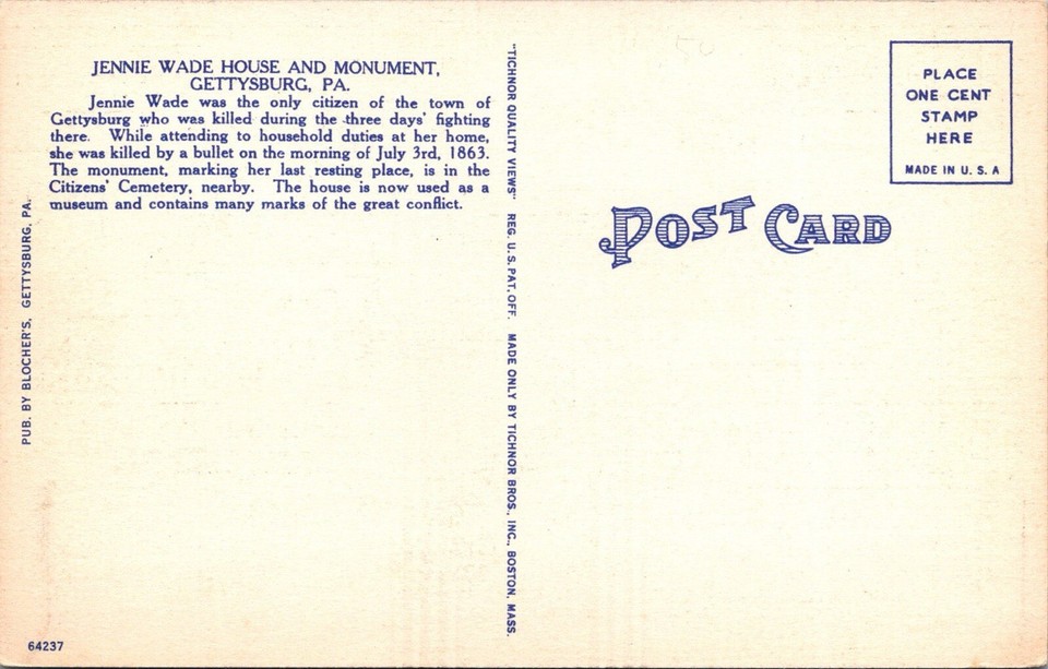 PENNSYLVANIA Postcard Gettysburg, Jennie Wade House & Monument JK1 JL4 ...