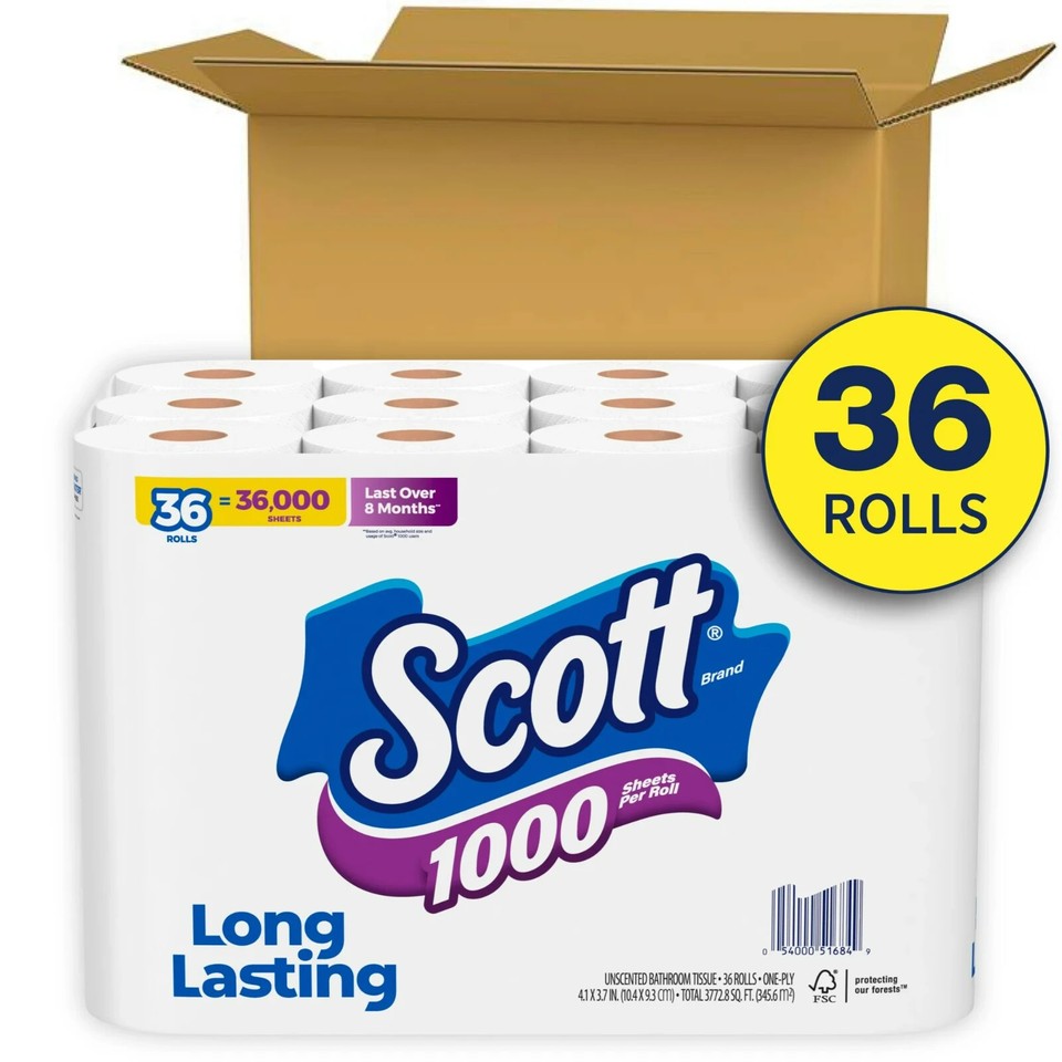 Scott 1000 Toilet Paper, 36 Rolls, 1,000 Sheets per Roll, Free Shipping ...