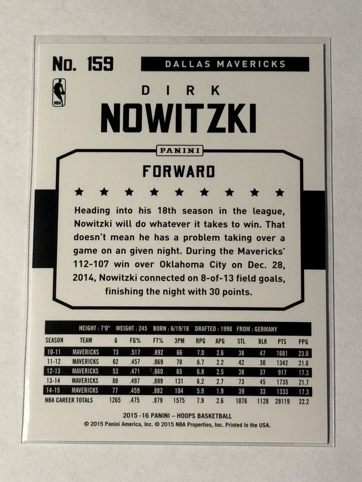 2015-16 Panini Hoops Basketball Dirk Nowitzki - Dallas Mavericks #159 ...