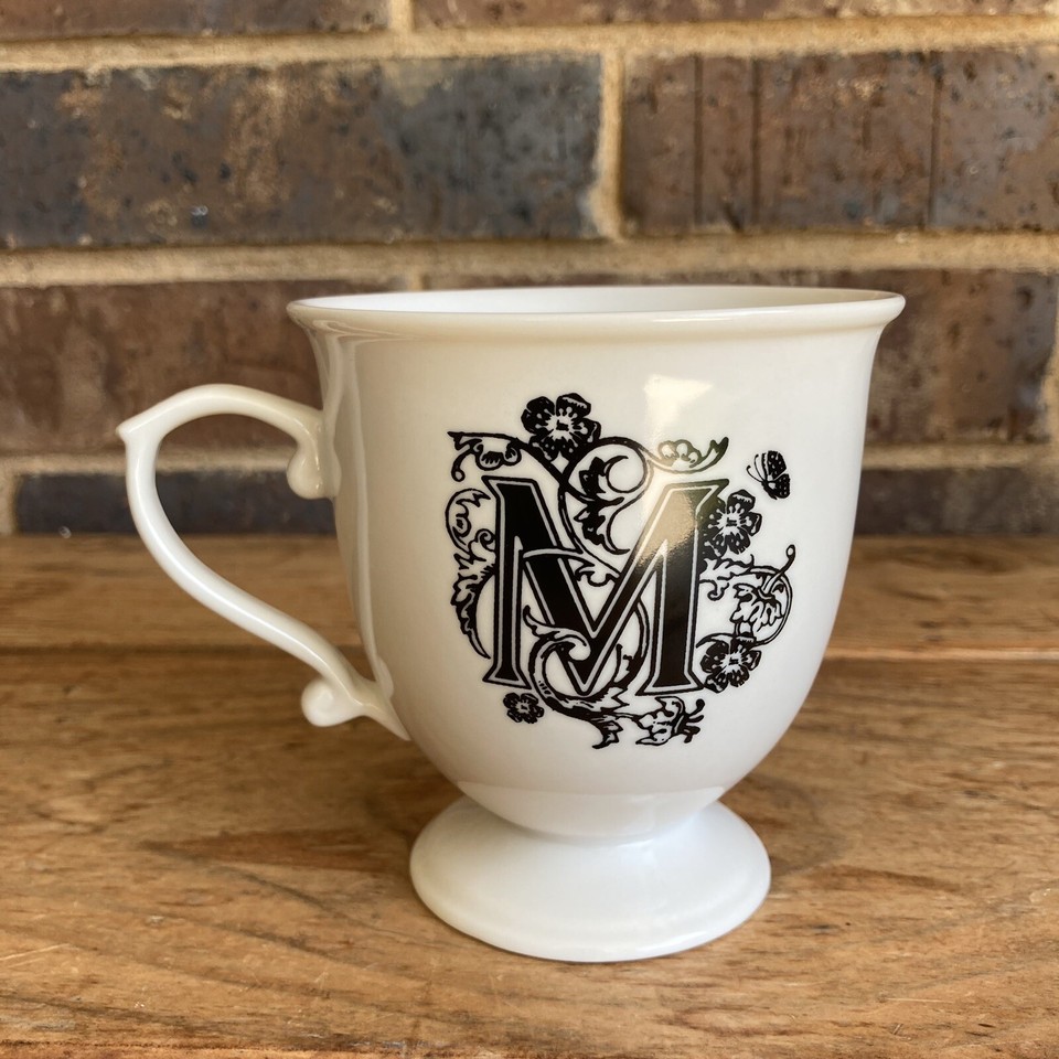 Anthropologie MISSUS Monogram Initial M White Floral Pedestal Footed ...