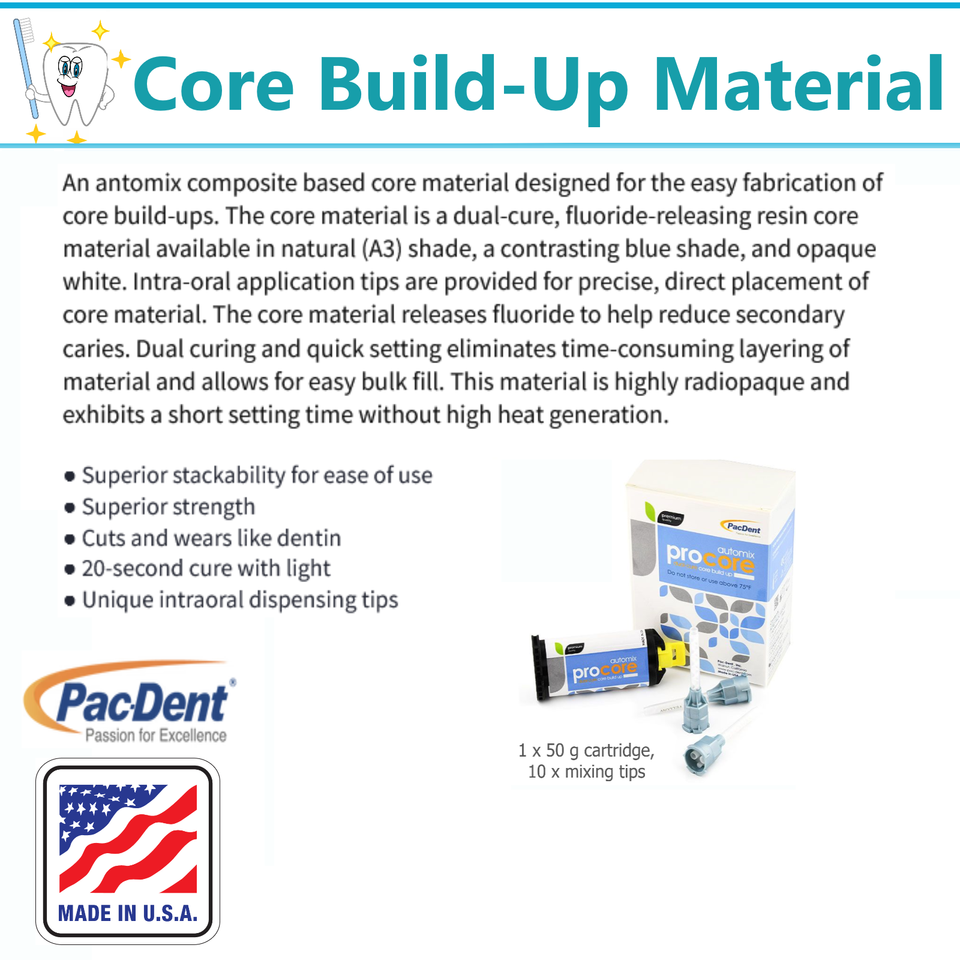Dental Core Build-Up Material 1 x 50g cartridge & Tips PacDent ProCore ...